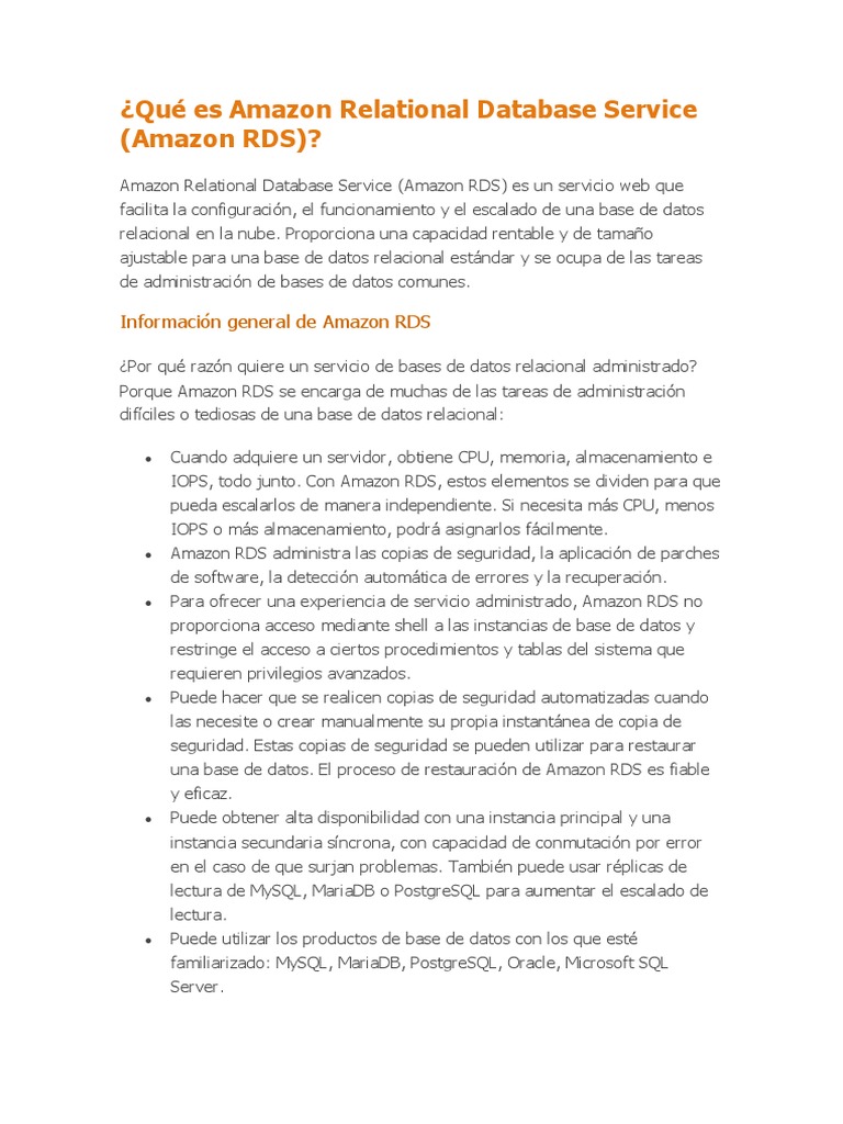 Qué Es Amazon Relational Database Service | PDF | Servicios web de Amazon | Interfaz de línea de ...