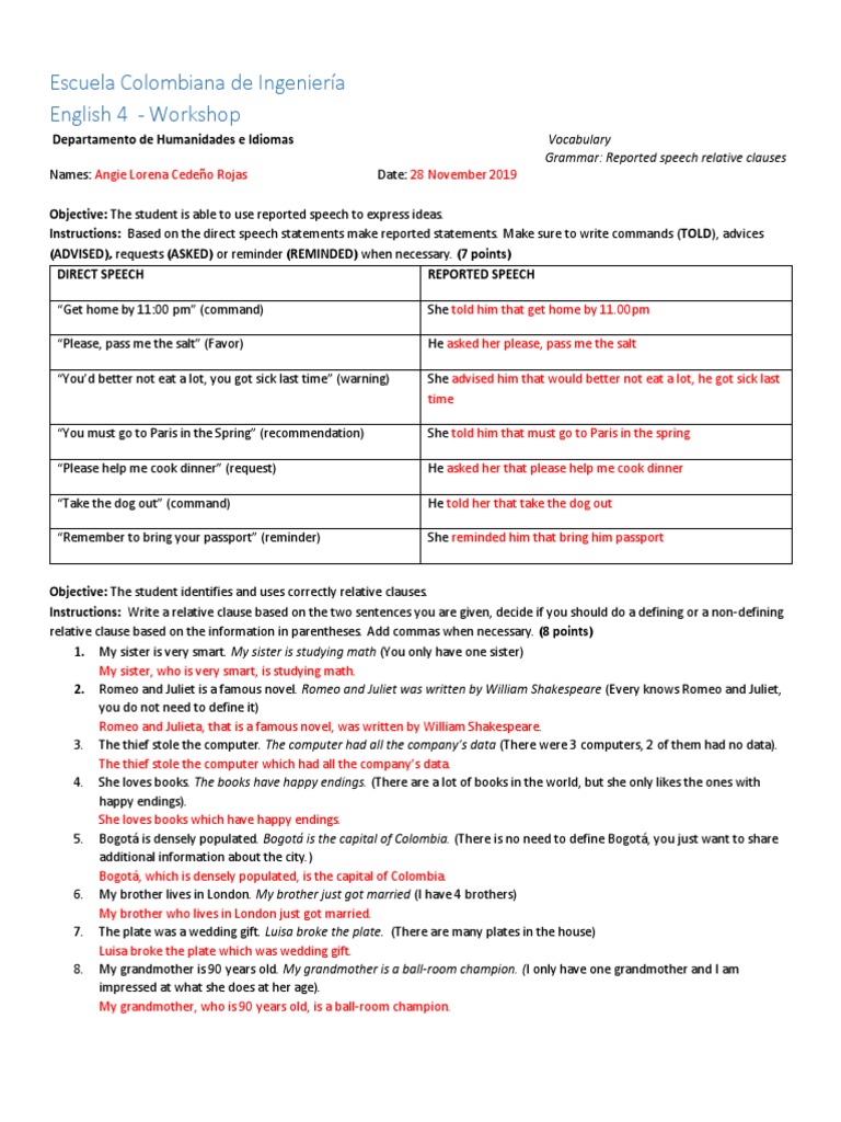 Reported Speech and Relative Clauses Guide | PDF | Language Arts ...