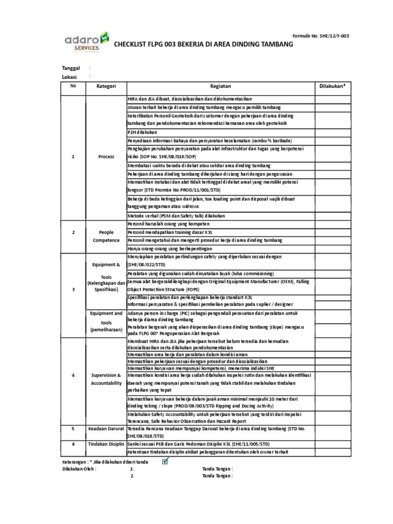 F003 R0 Checklist FLPG Bekerja Di Area Dinding Tambang 2018 | PDF