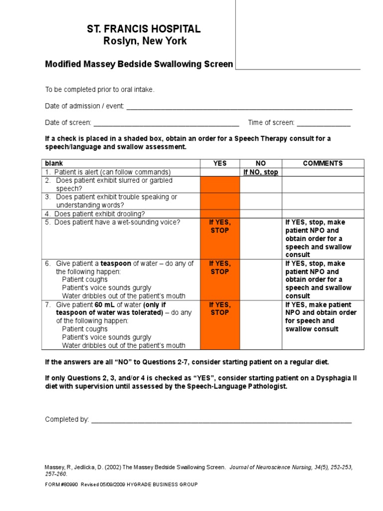 Massey Bedside Swallowing Screen | PDF | Speech Language Pathology | Speech