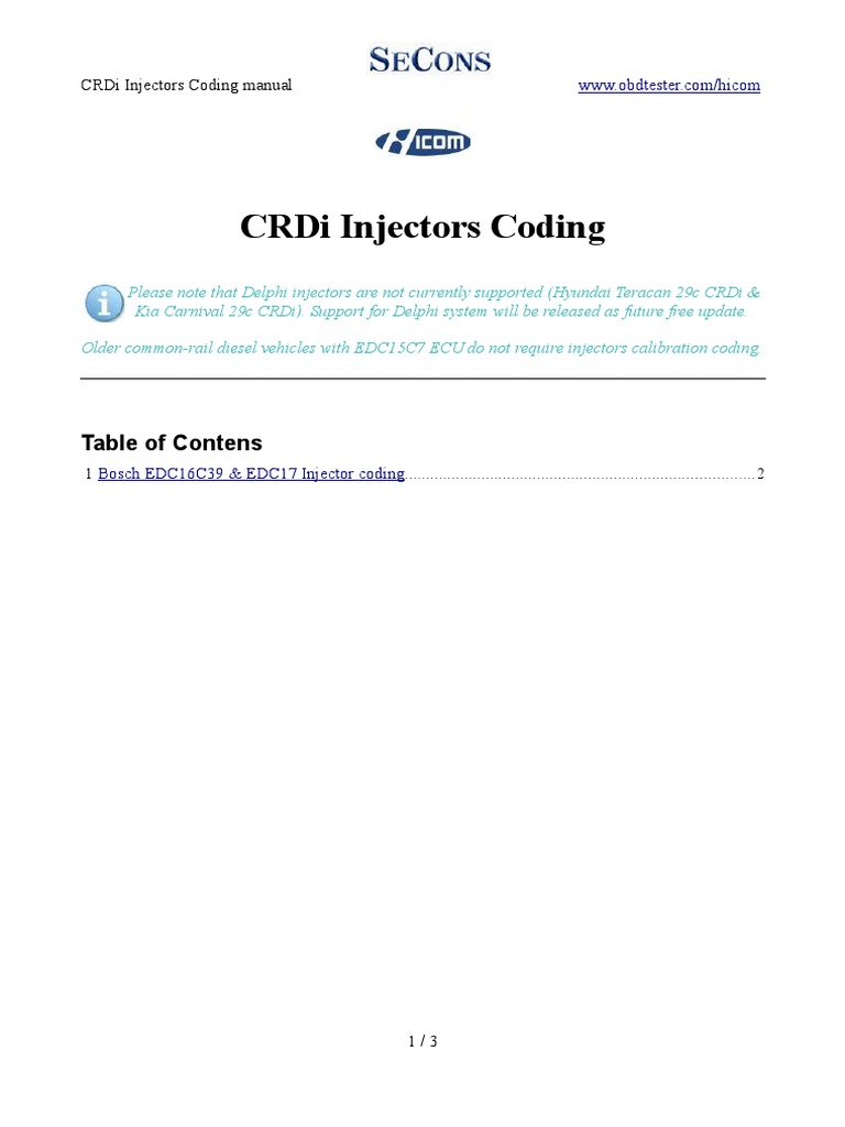 Hicom - CRDi Injectors Coding | PDF | Fuel Injection | Vehicle Technology