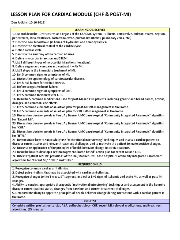Cardiac Module Lesson Plan: CHF & MI | PDF | Heart Failure | Heart Valve