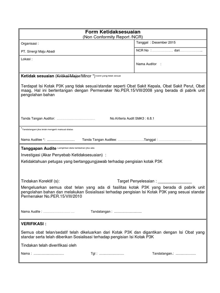 Contoh Form NCR | PDF