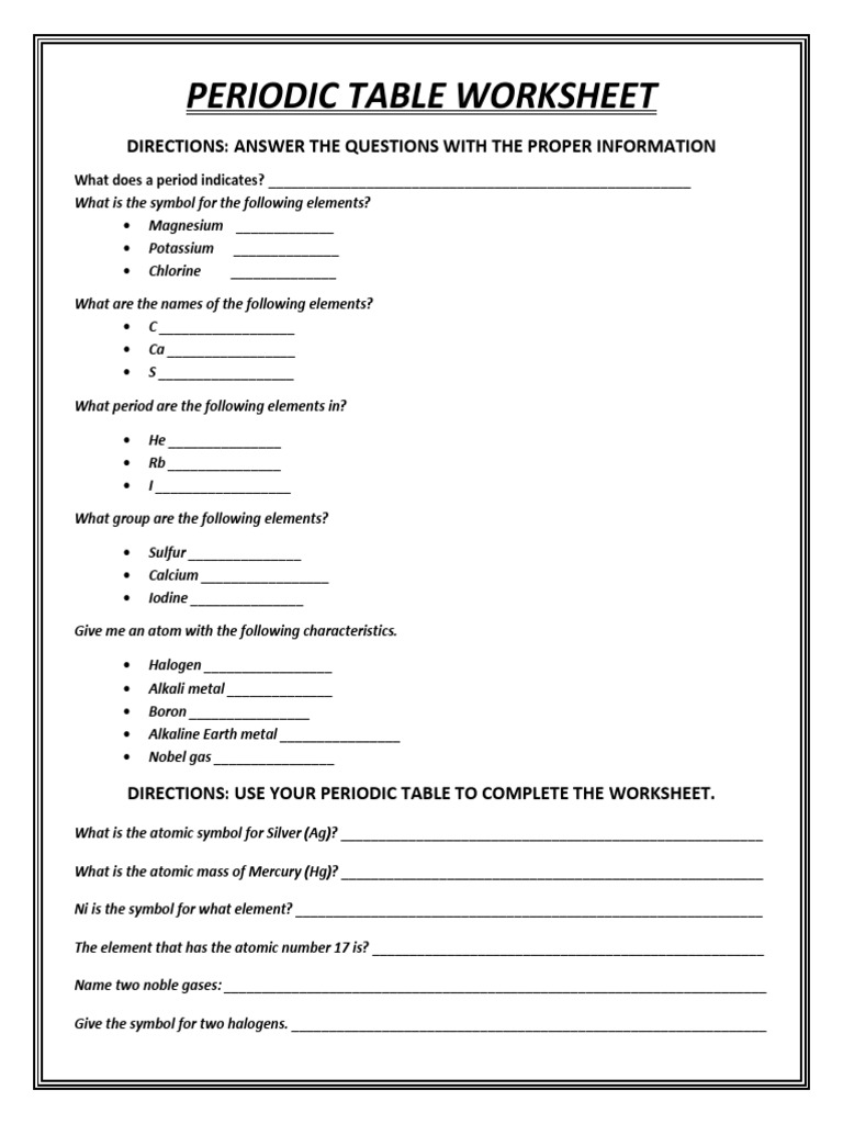 Periodic Table Worksheet | PDF | Chemical Elements | Periodic Table