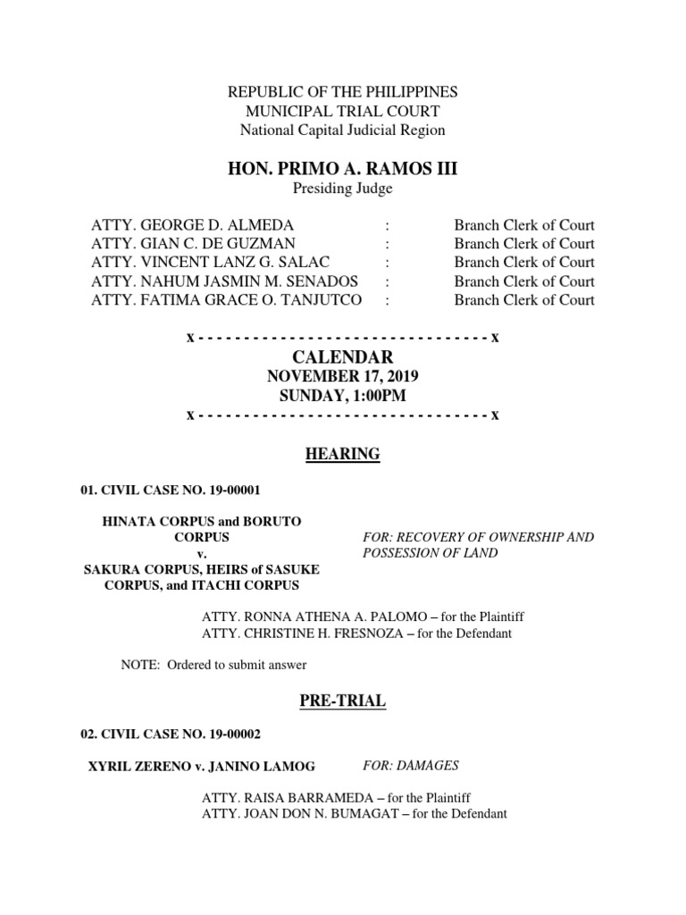 Calendar of Hearings and Pre-Trial for Civil Cases on November 17, 2019 ...