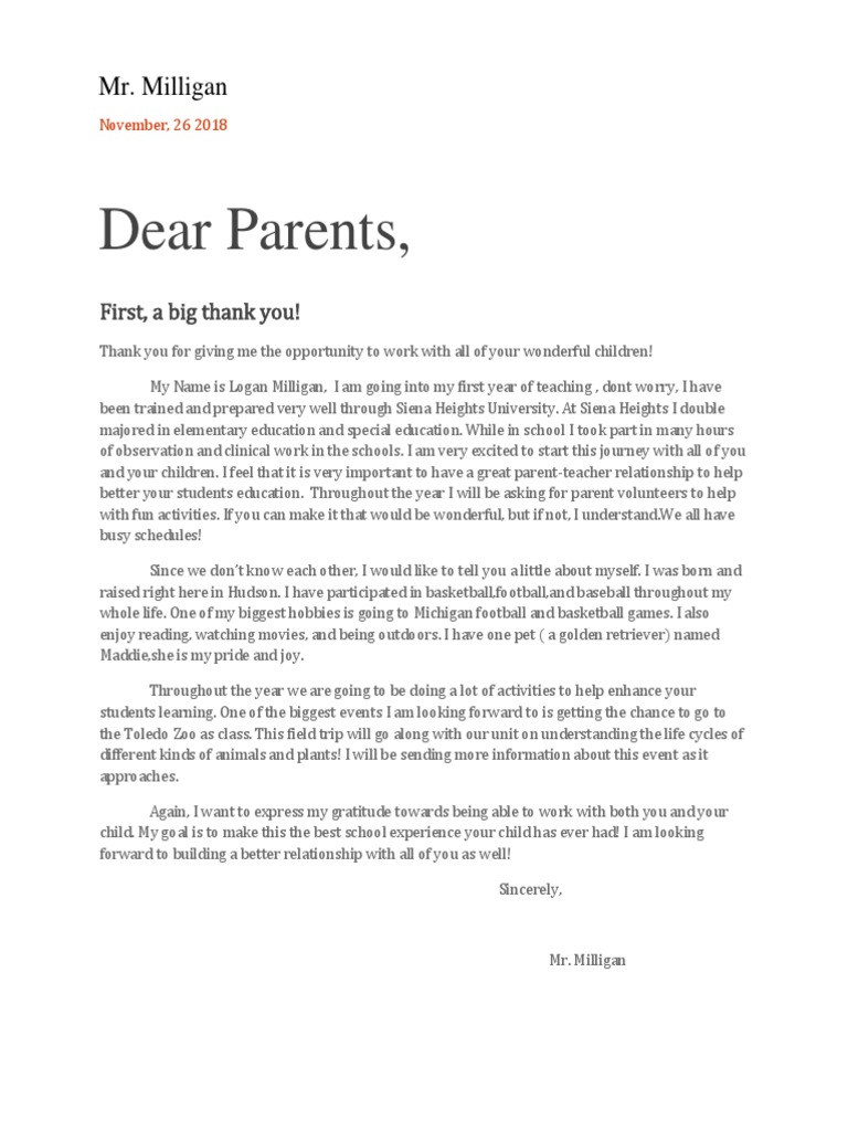 Letter To Parents | PDF