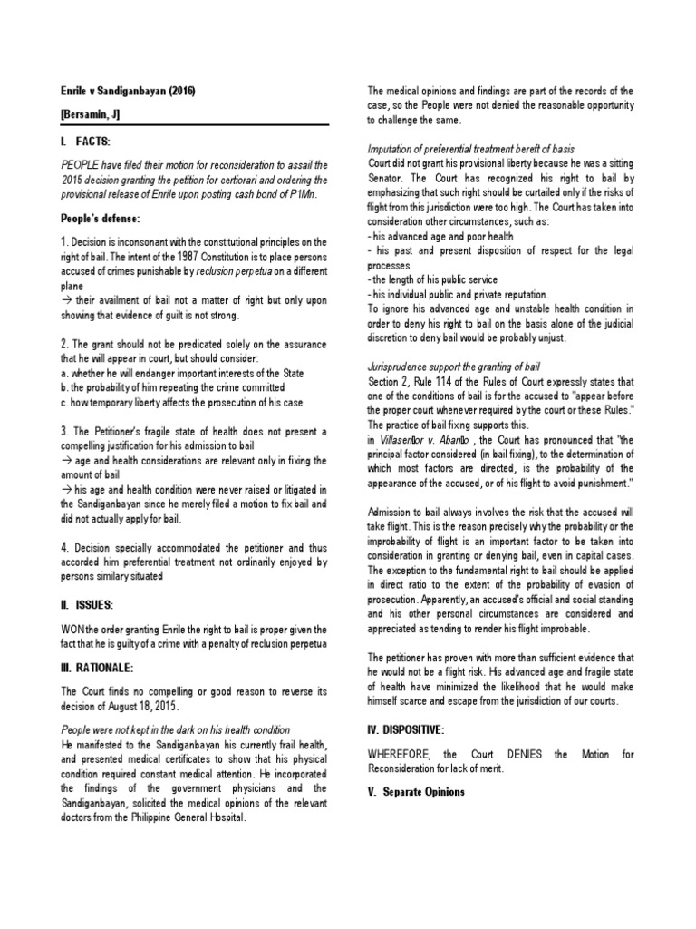 Enrile V Sandiganbayan 2016 | PDF | Bail | Public Law Enrile V Sandiganbayan 2016 | PDF | Bail | Public Law