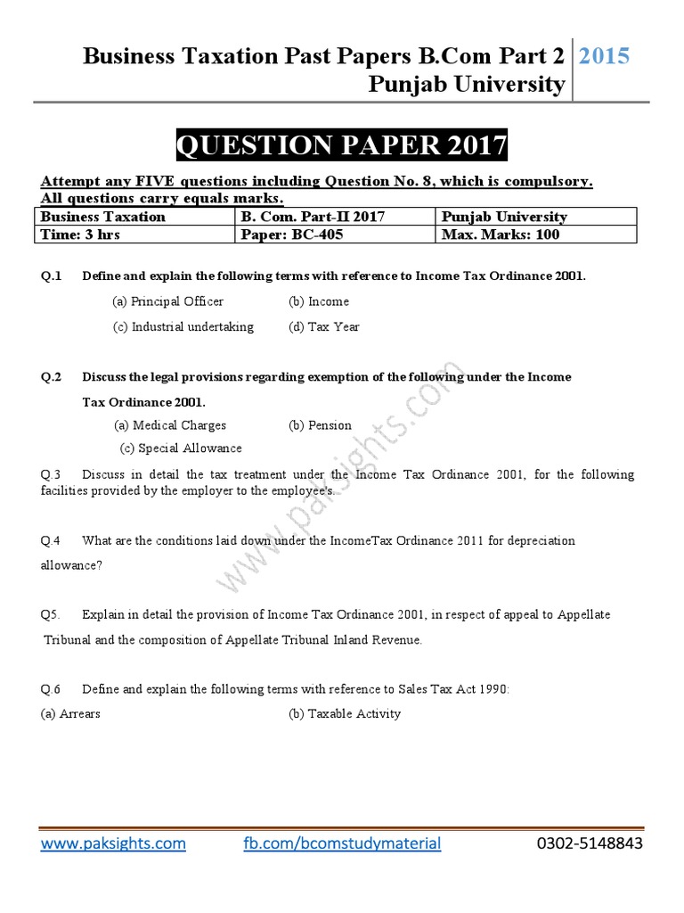 Business Taxation Past Papers 2017 | PDF | Income Tax | Taxes