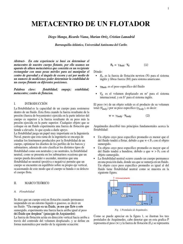 Metacentro y Estabilidad de Flotadores | PDF | Fuerza | Ciencias fisicas