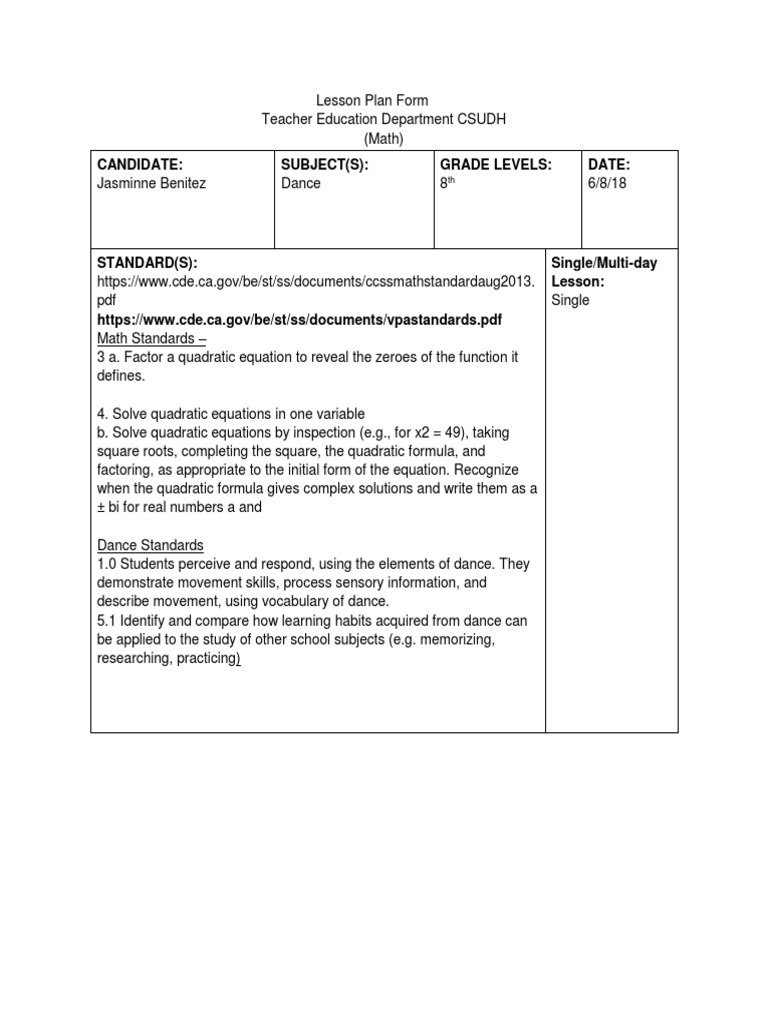 Lesson Plan Form | PDF | Quadratic Equation | Teachers
