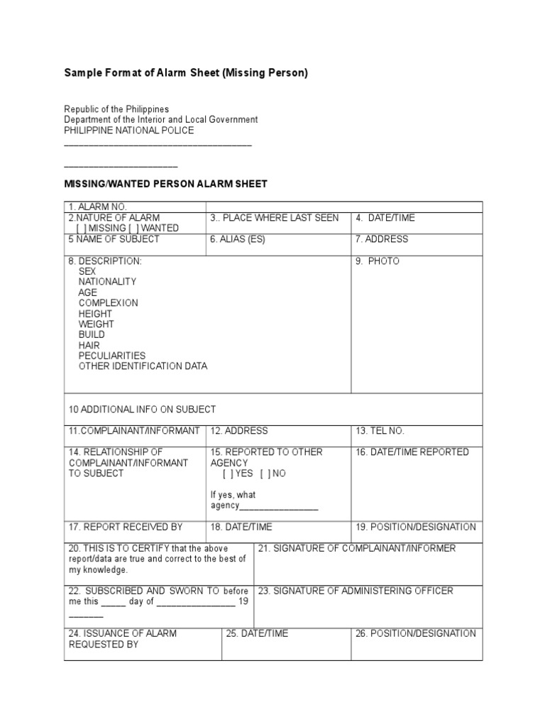 Sample Format of Alarm Sheet (Missing Person) | PDF | Law
