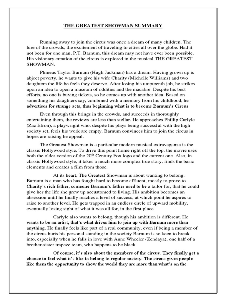The Greatest Showman Summary | PDF