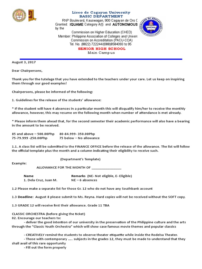 Allowance Letter | PDF | Educational Stages | Behavior Modification
