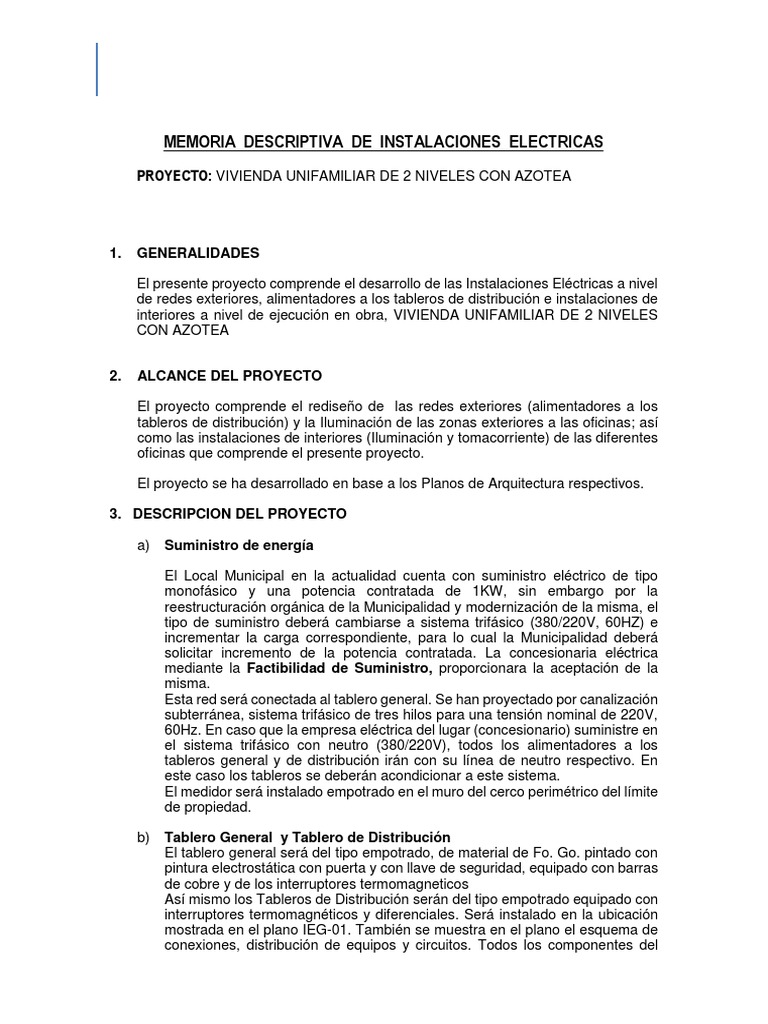 Memoria Descriptiva de Instalaciones Electricas | PDF | Resistencia Eléctrica y Conductancia ...