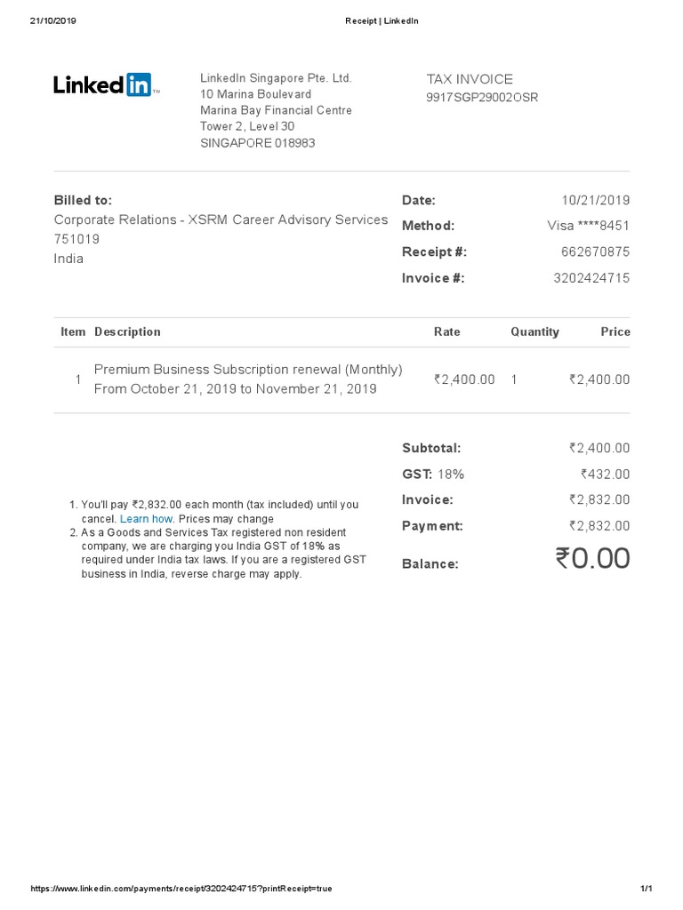 LinkedIn Premium Invoice for October 2019 | PDF