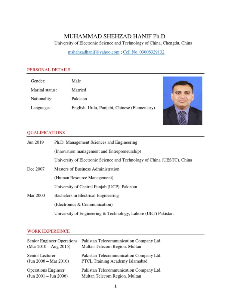Curriculum Vitae of Muhammad Shehzad Hanif: An Experienced Academic and Telecommunications ...