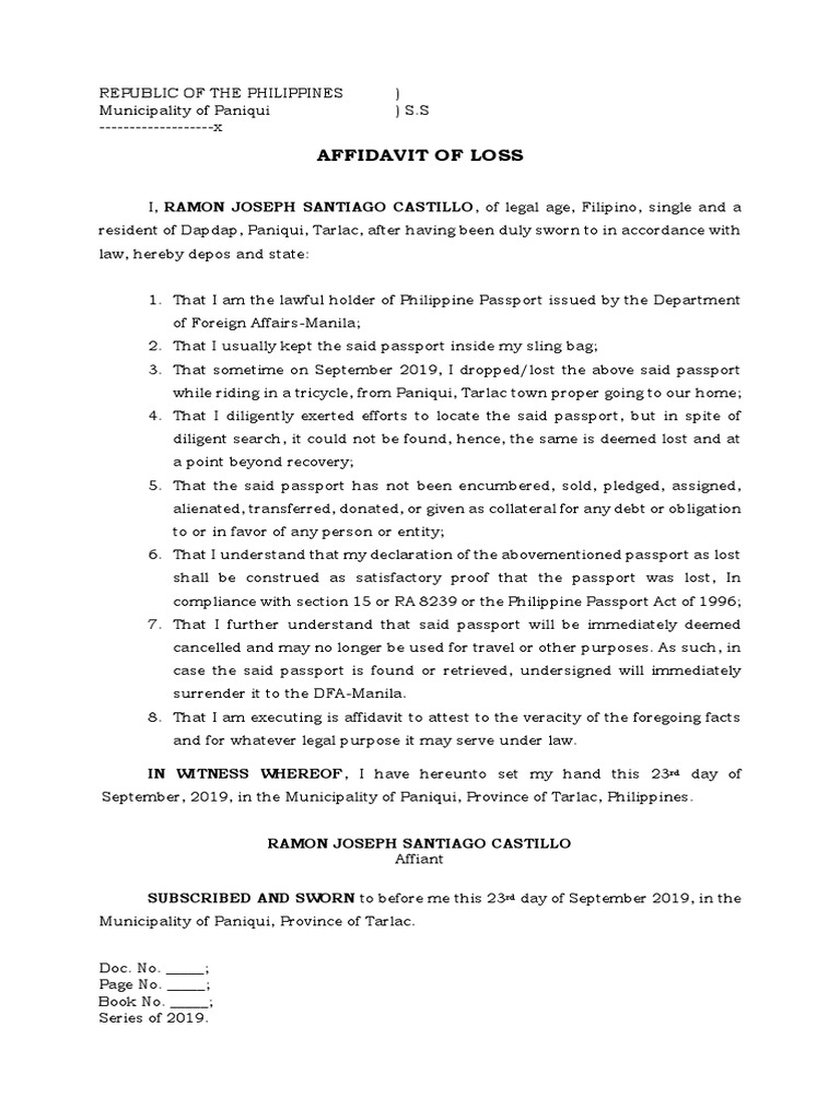 Affidavit of Loss - Passport | PDF | Affidavit | Passport