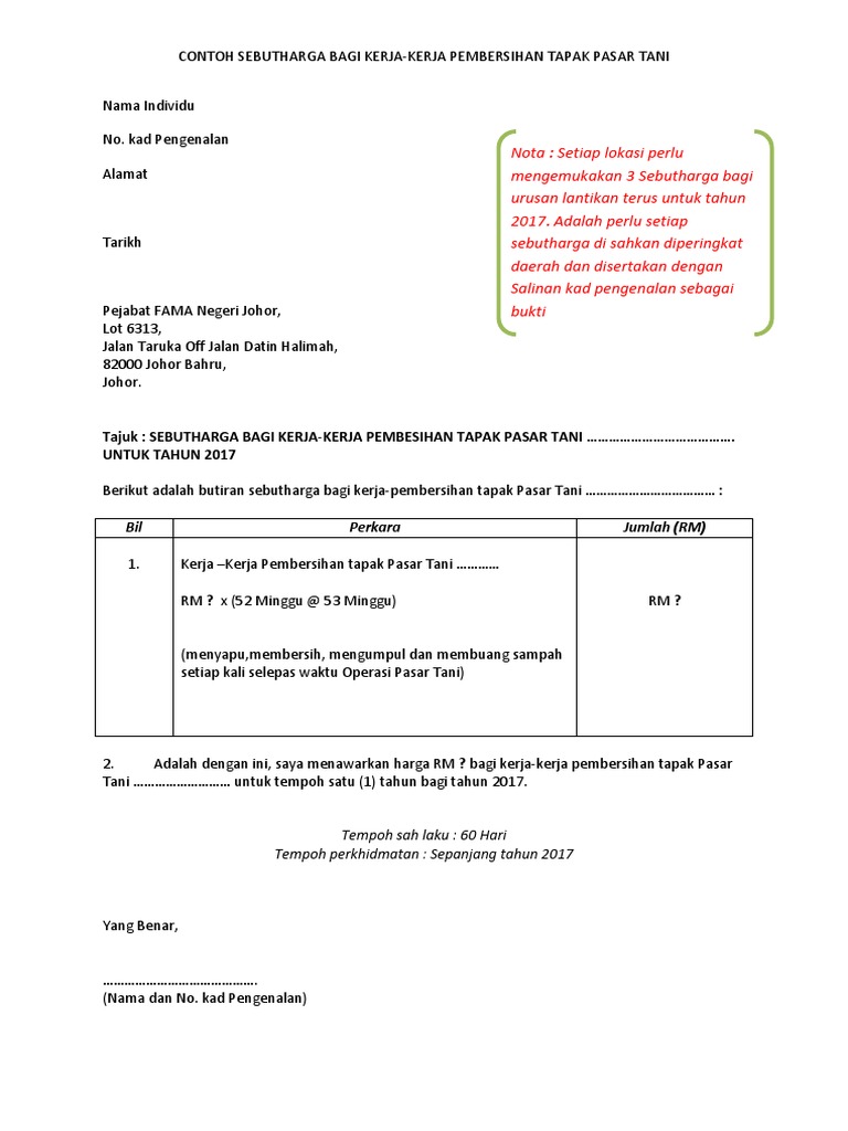 Contoh Sebutharga Bagi Kerja Pembersihan Tapak ...... | PDF