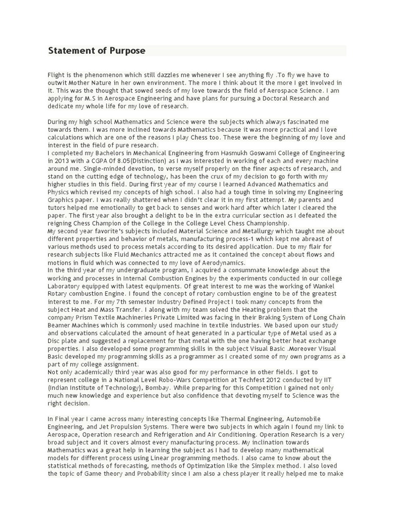 Sop Sample Aerospace | PDF | Machines | Graduate School