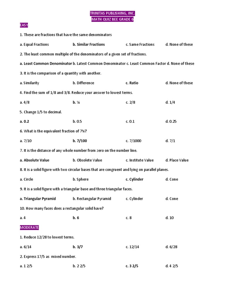 Math Quiz Bee Grade 6 | PDF | Odds | Fraction (Mathematics)