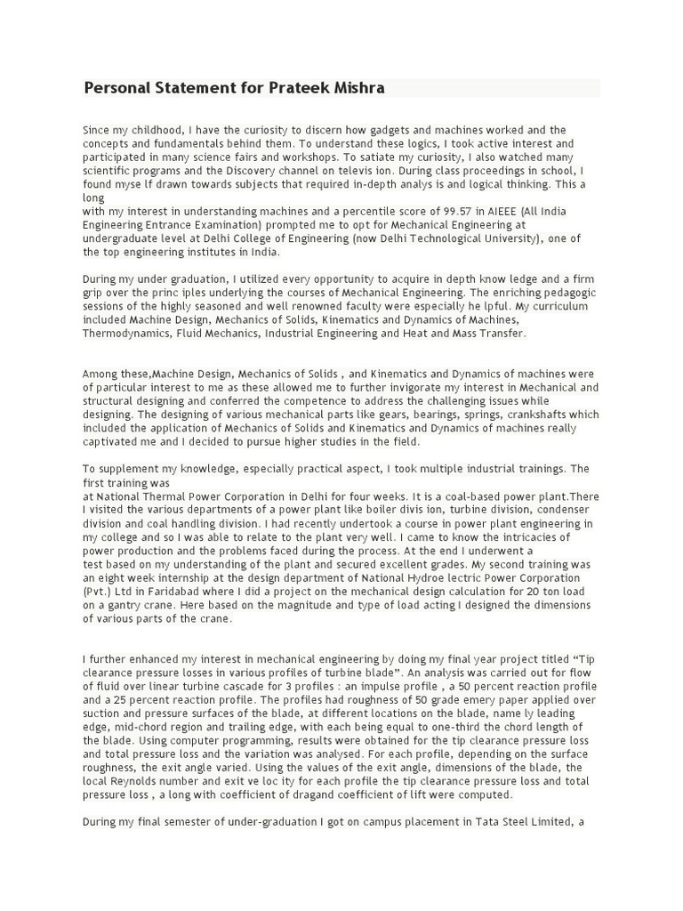 Personal Statement for Mechanical Engineering Masters | PDF | Turbine ...