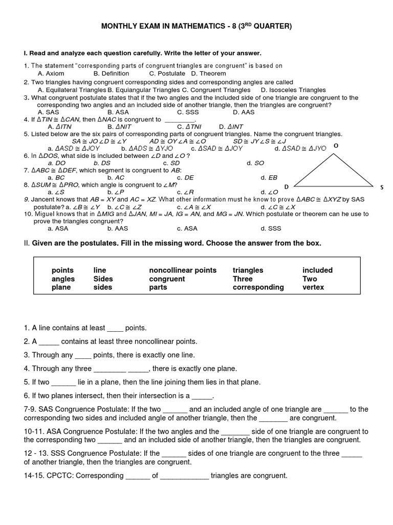 Monthly Exam in Mathematics 8 (3rd Quarter) | PDF | Triangle Geometry | Euclidean Plane Geometry