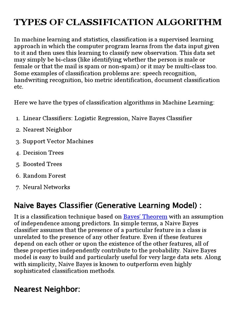 Types of Classification Algorithm | PDF | Statistical Classification ...
