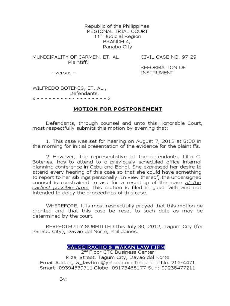 Motion For Postponement | PDF | Virtue | Separation Of Powers