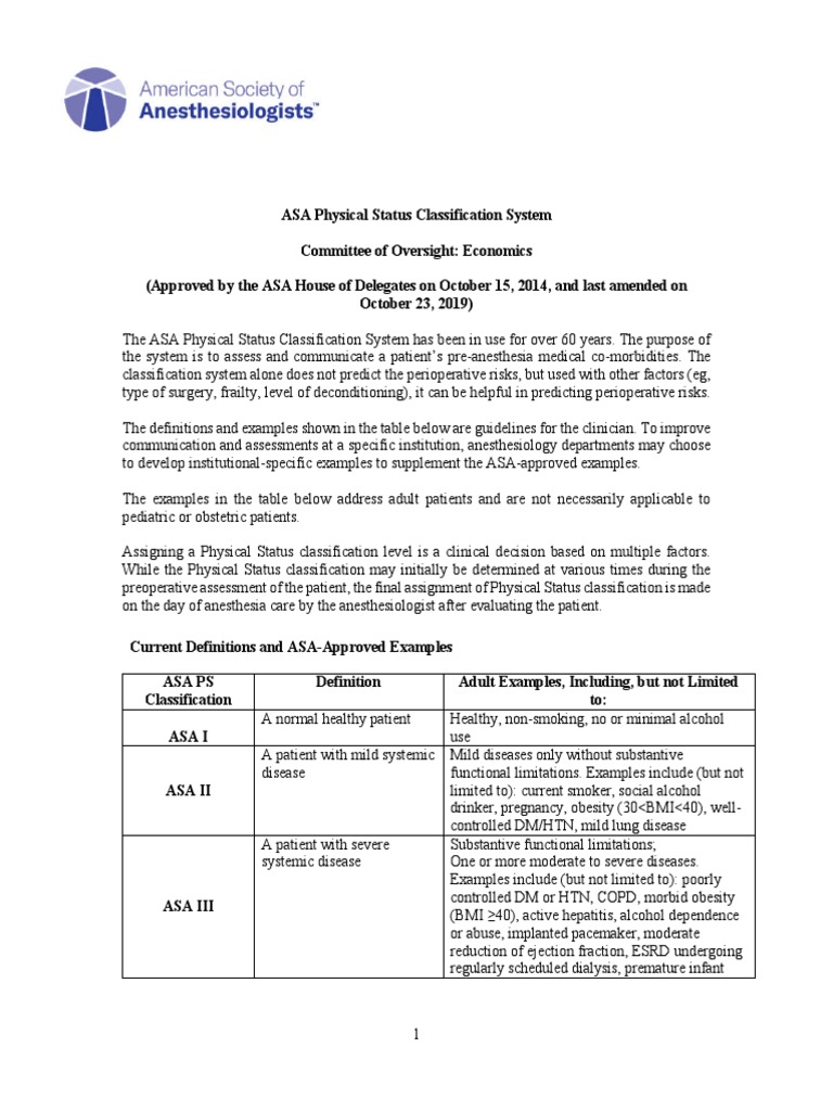 ASA Physical Status Classification Guide | PDF | Health Sciences ...