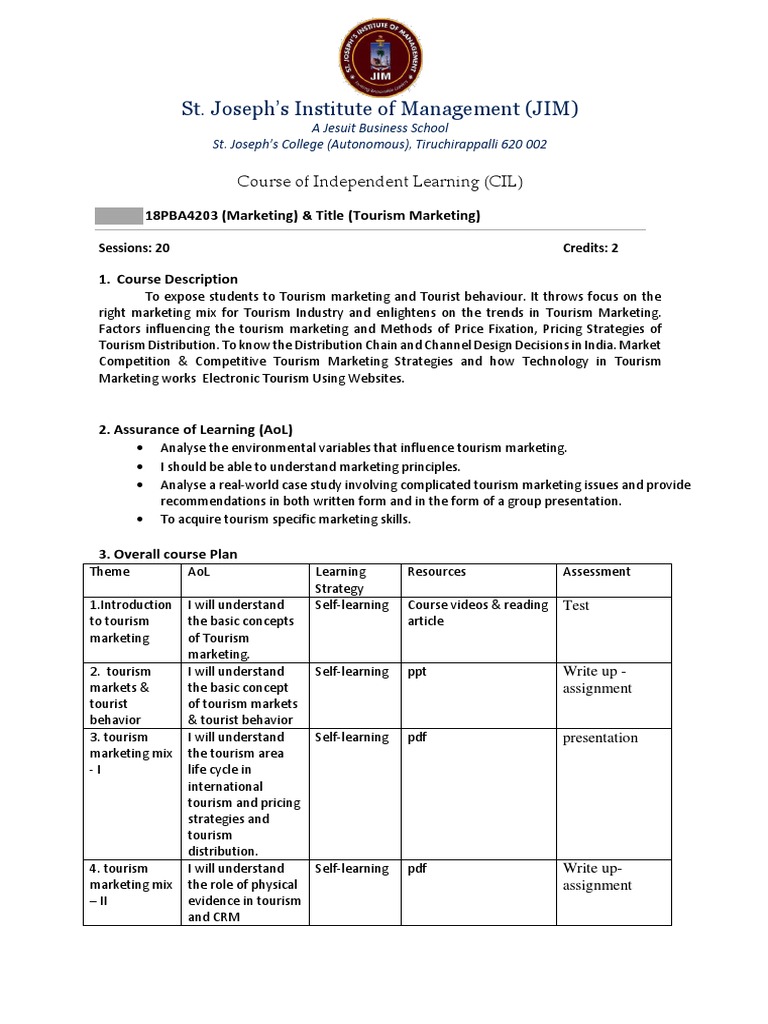 Course Plan of Tourism Marketing | PDF | Tourism | Marketing