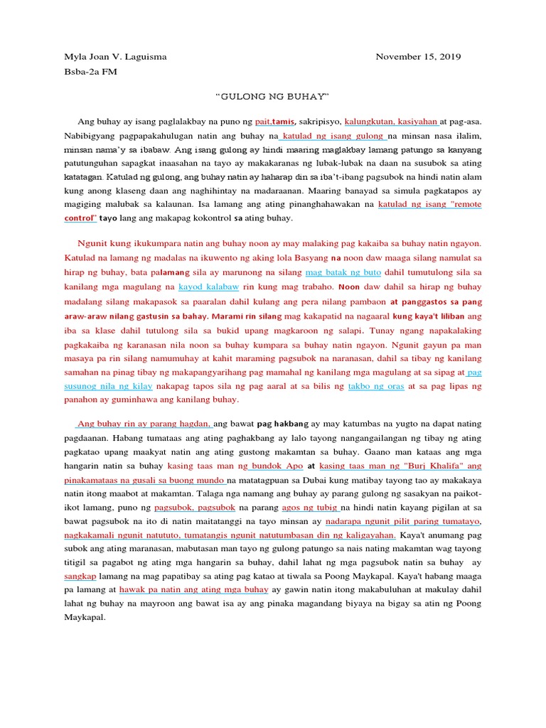 Sanaysay Sa Filipino (Gulong NG Buhay) | PDF