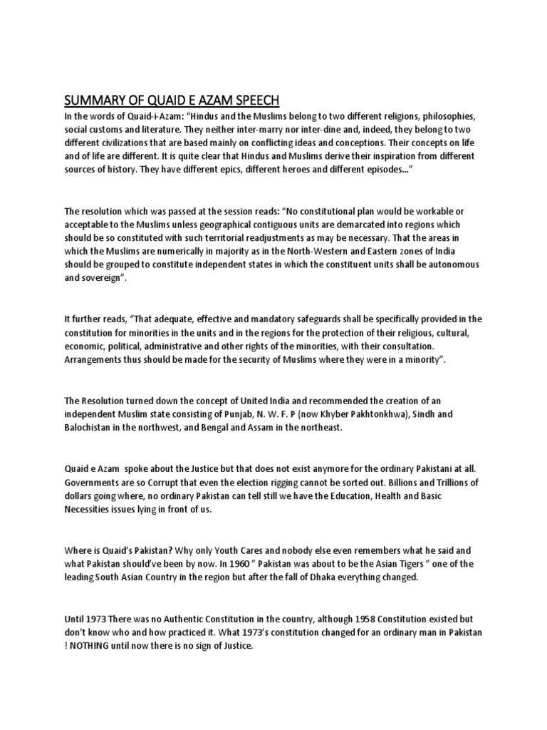 Summary of Quaid e Azam Speech | PDF | Muhammad Ali Jinnah | Pakistan