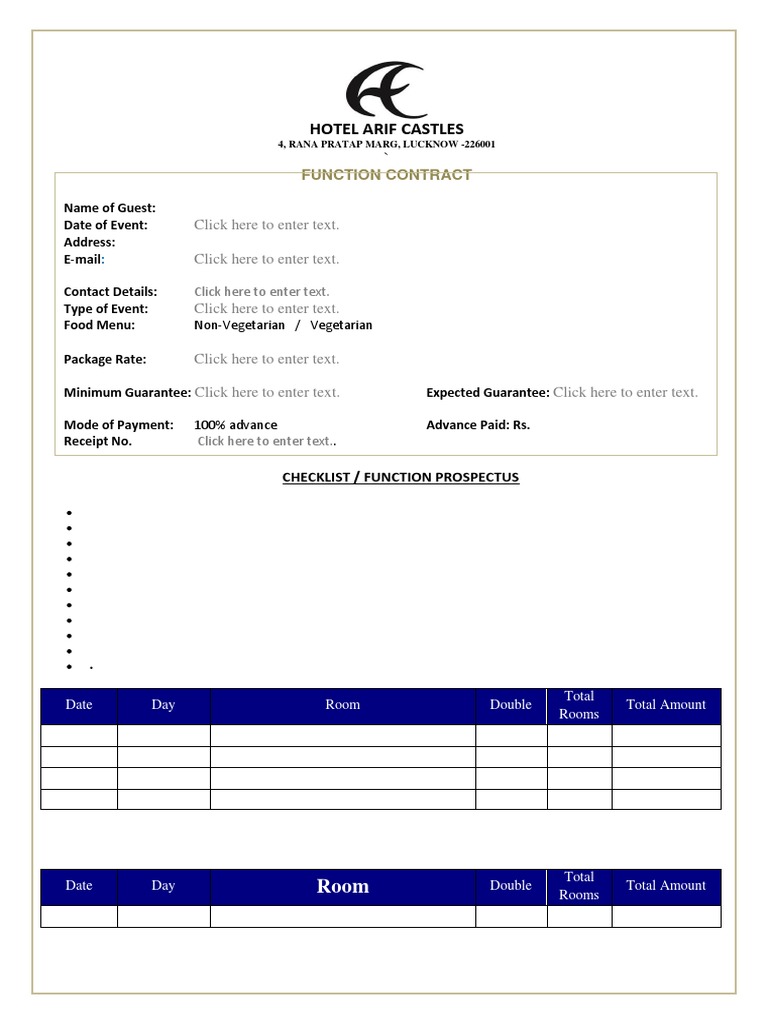 Hotel Arif Castles Function Contract and Banquet Agreement for Guest ...