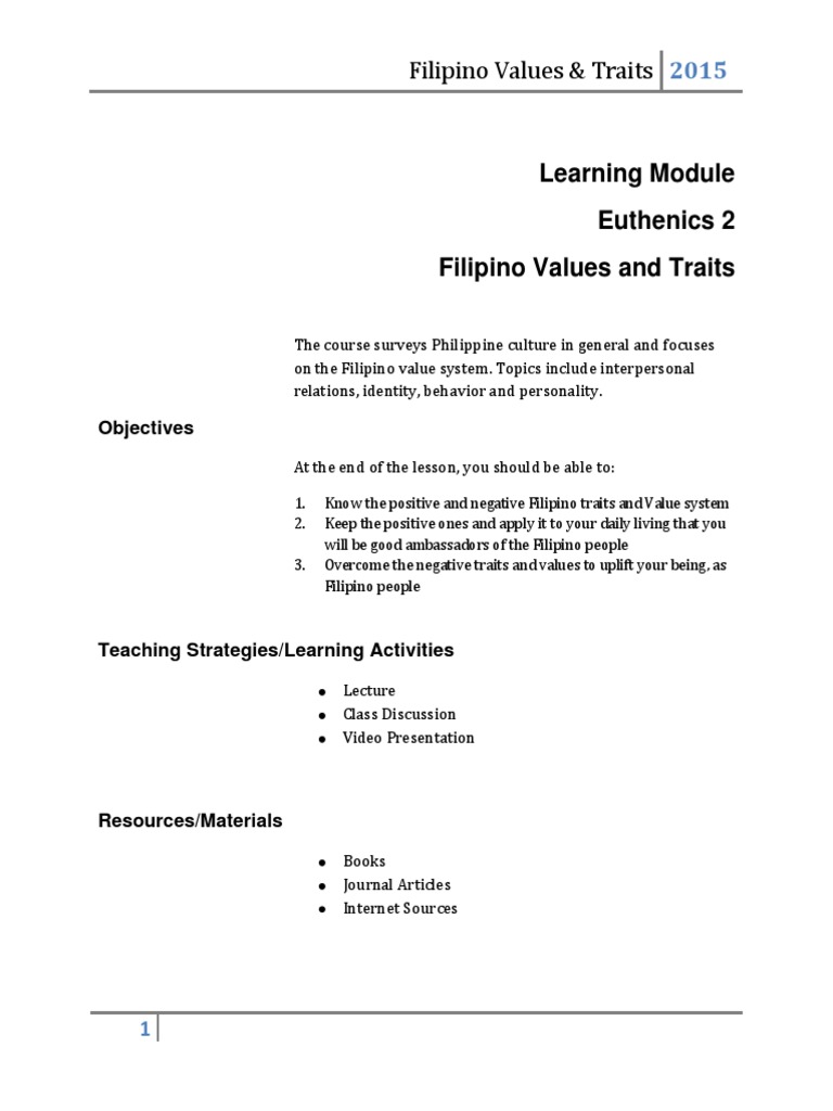 LM03 Filipino Values - Traits PDF | PDF | Philippines | Value (Ethics)