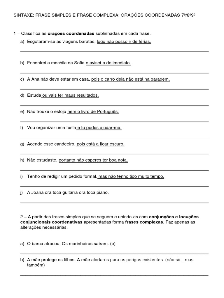 SINTAXE Frase Simples e Frase Complexa Orações Coordenadas EXERCICIOS | PDF