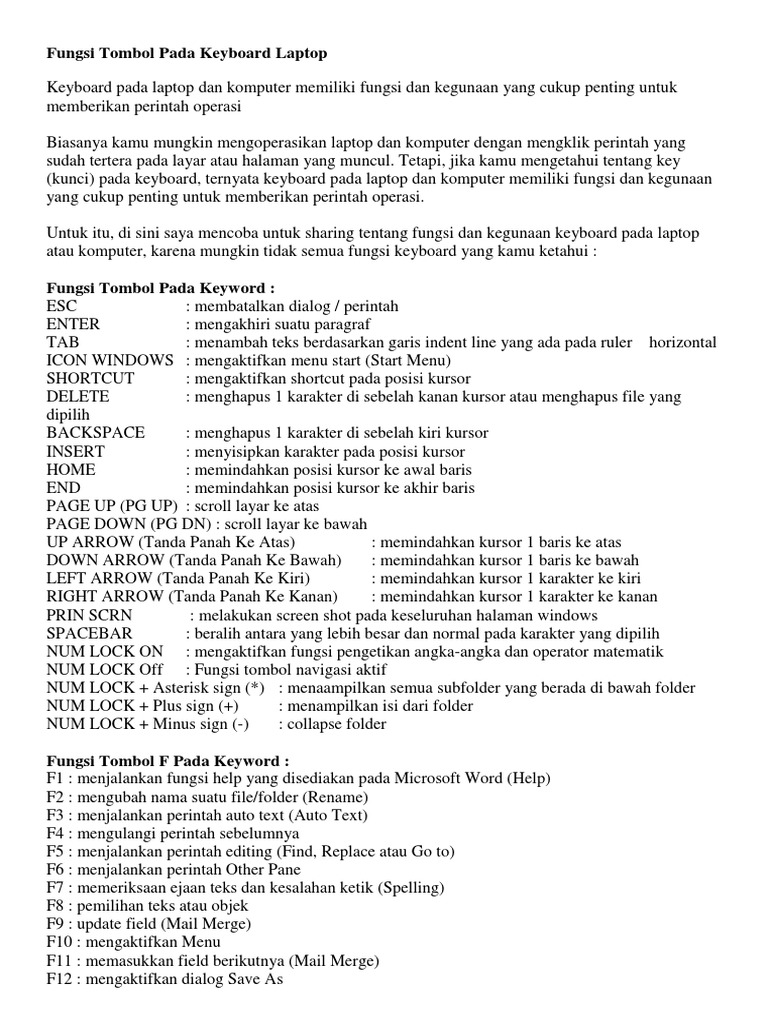 Fungsi Tombol Pada Keyboard Laptop | PDF