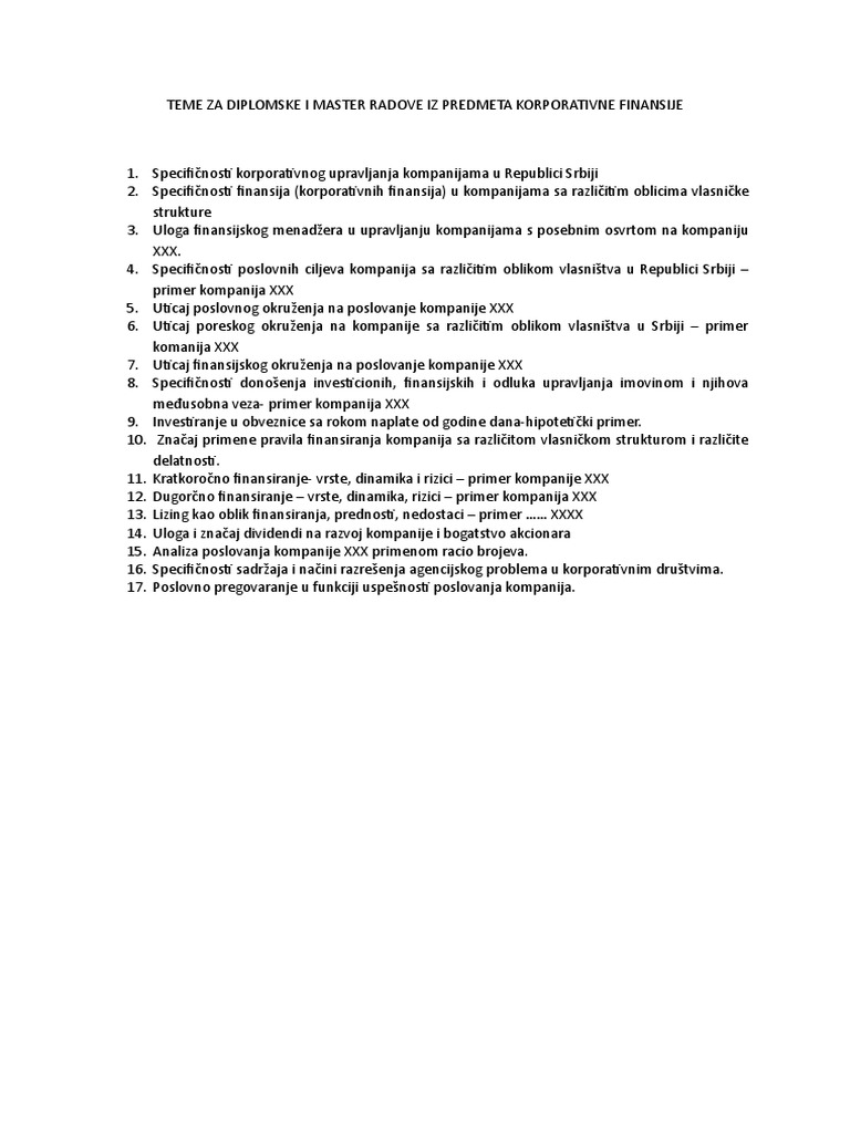 Teme Za Diplomske I Master Radove Iz Predmeta Korporativne Finansije | PDF