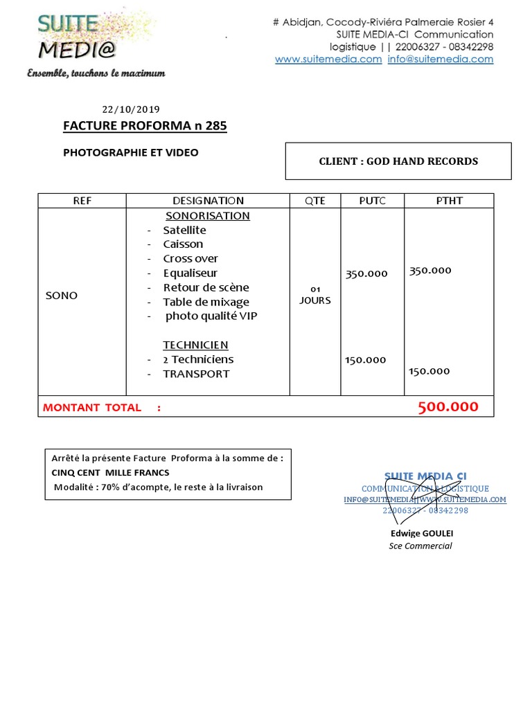 Facture Proforma pour Prestation Sonore | PDF