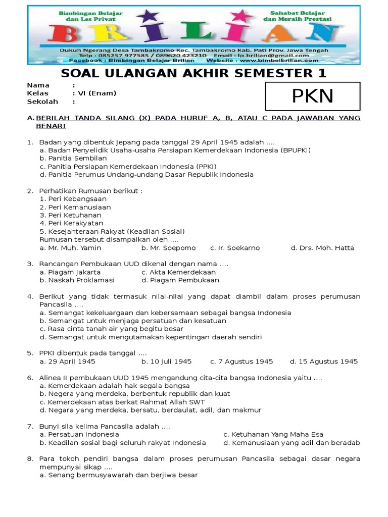 Soal UAS PKN Kelas 6 SD Semester 1 (Ganjil) Dan Kunci Jawaban | PDF | Politik