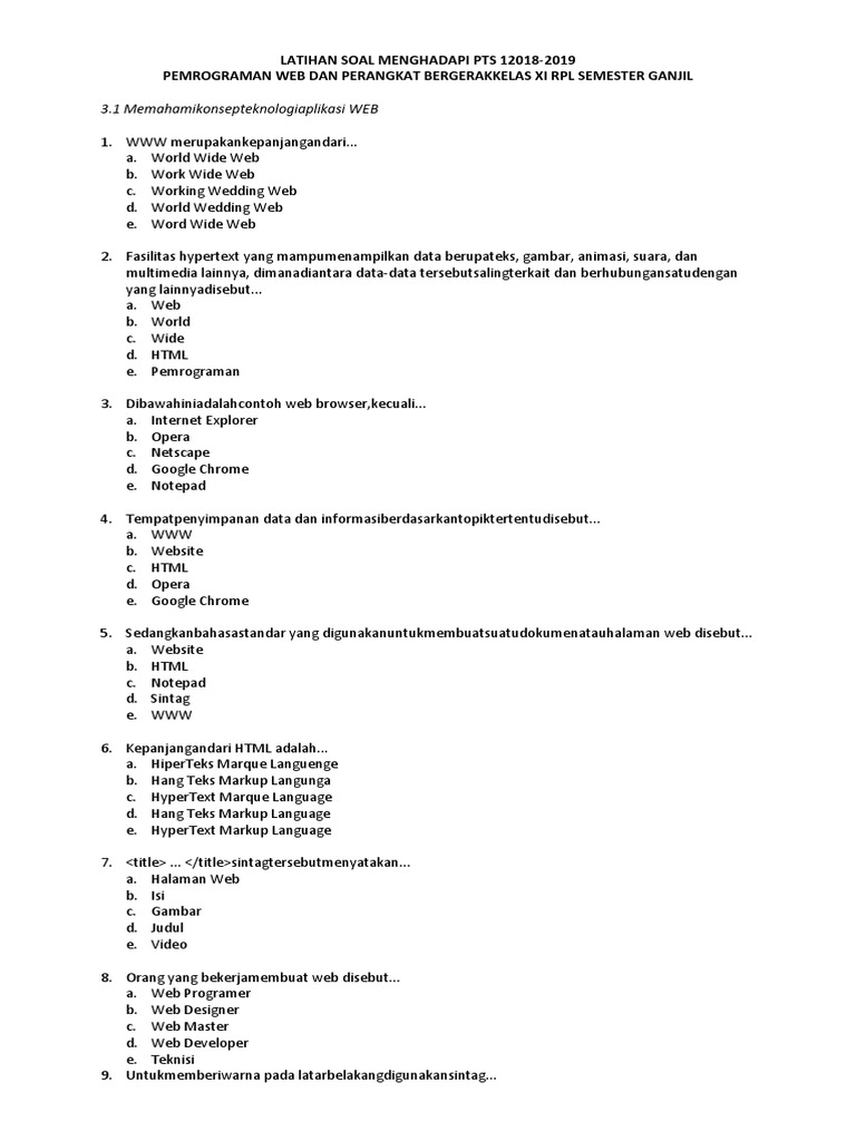 Latihan Soal Web Menghadapi Pts 1 2018 | PDF | Komputer