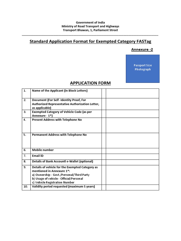 Fast Tag Exemption Application | PDF | Identity Document | Government ...