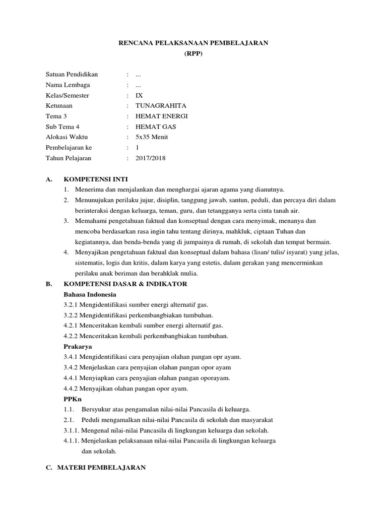 RPP Tunagrahita Kelas 9 Tema 3 Subtema 4 | PDF | Karier & Perkembangan