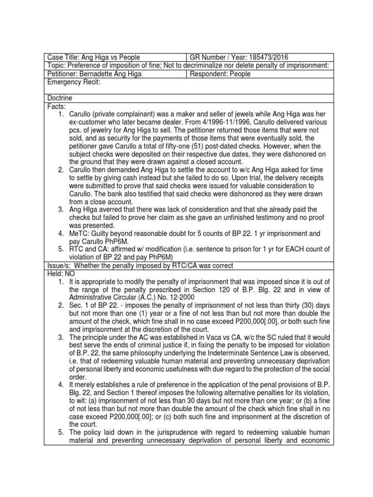 152 Ang Higa Vs People | PDF | Imprisonment | Fine (Penalty)