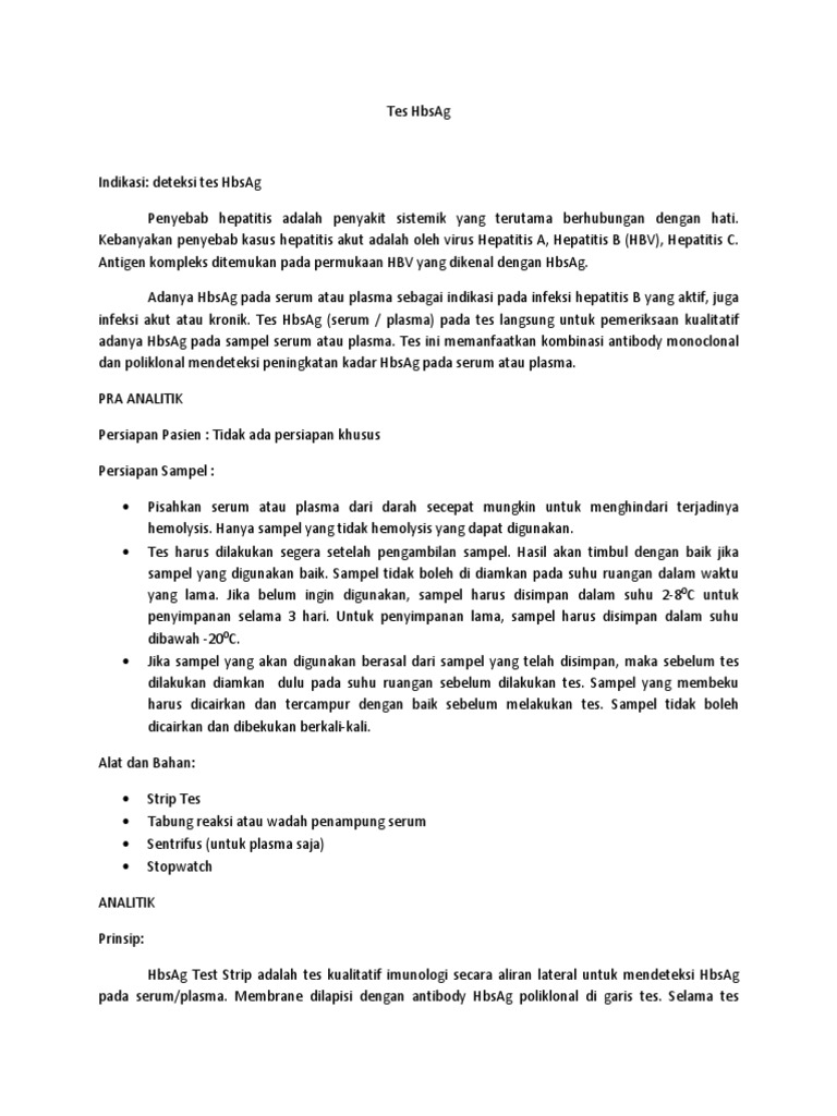 Prosedur dan Interpretasi Tes HbsAg | PDF