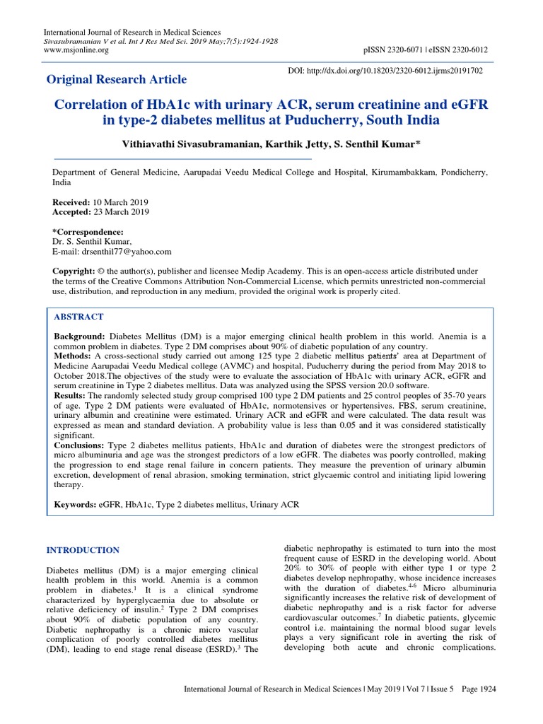 2019 - Correlation of HbA1c With Urinary ACR, Serum Creatinine and EGFR ...