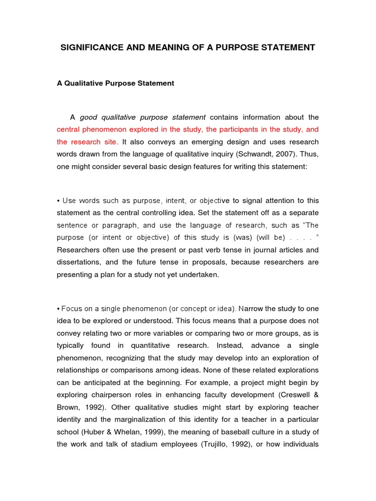 Significance and Meaning of A Purpose Statement | PDF | Qualitative ...
