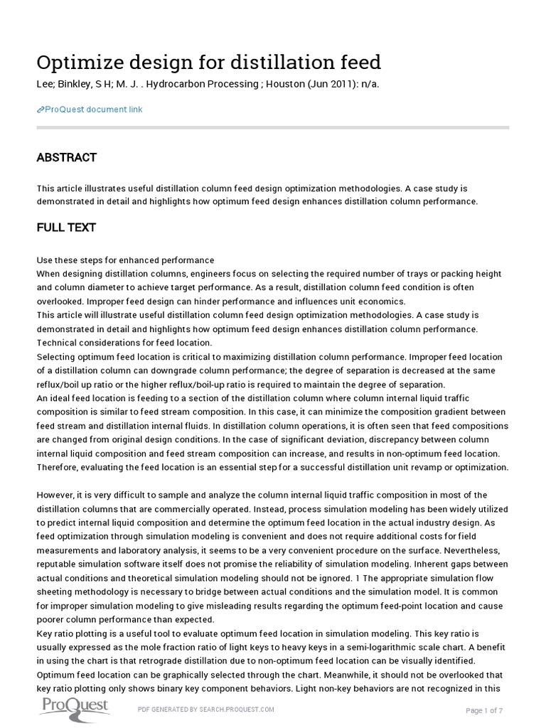 Binkley Optimize Design For Distillation Feed PDF | PDF | Distillation | Mathematical Optimization