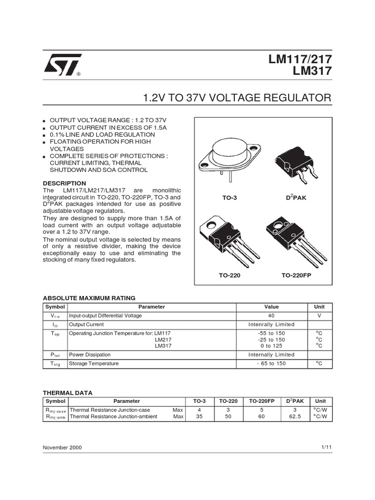 1.2V to 37V Voltage Regulator Datasheet - LM117/217/LM317 Adjustable ...