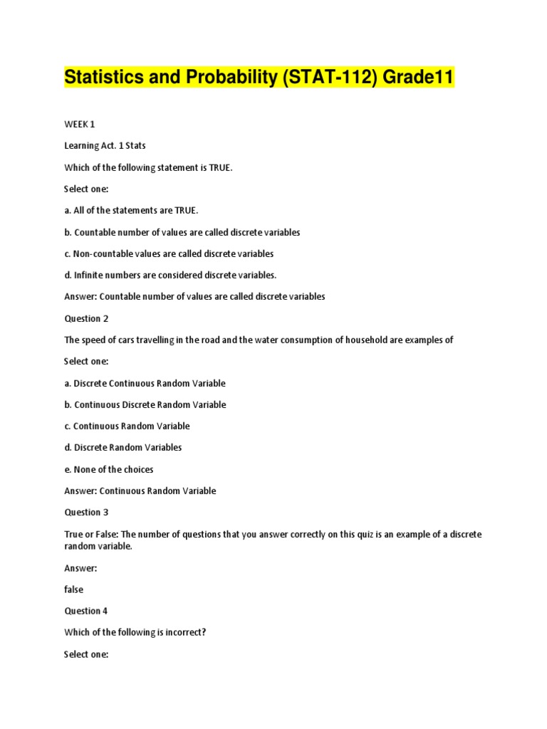 Statistics and Probability (STAT-112) Grade11 | PDF | Random Variable ...