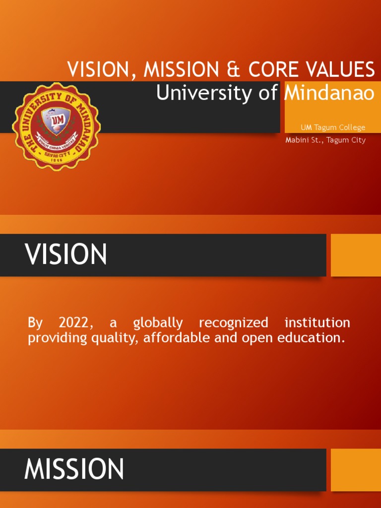 UM Tagum College Vision Mission Values | PDF